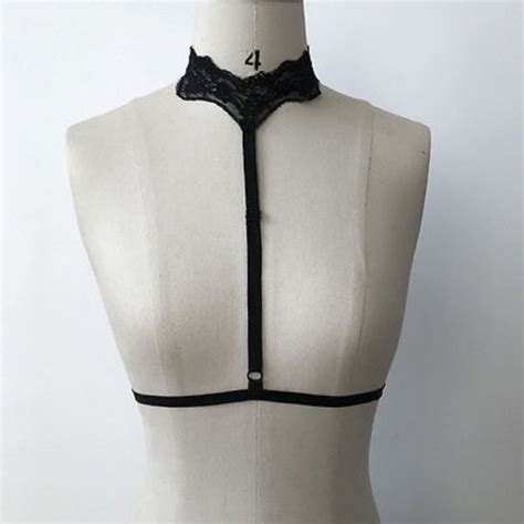 Intimates And Sleepwear Black Lace Choker Harness Bralette Cage Bra Os