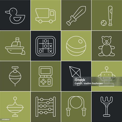 세트 라인 갈퀴 장난감 로봇 테디 베어 봉제 인형 검 박하 사탕 발가락 게임 장난감 보트 고무 오리 및 비치 볼 아이콘 벡터 곰에 대한 스톡 벡터 아트 및 기타 이미지