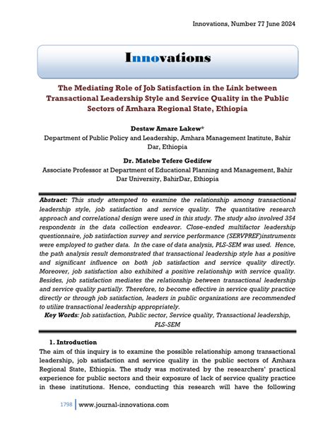 Pdf The Mediating Role Of Job Satisfaction In The Link Between Transactional Leadership Style