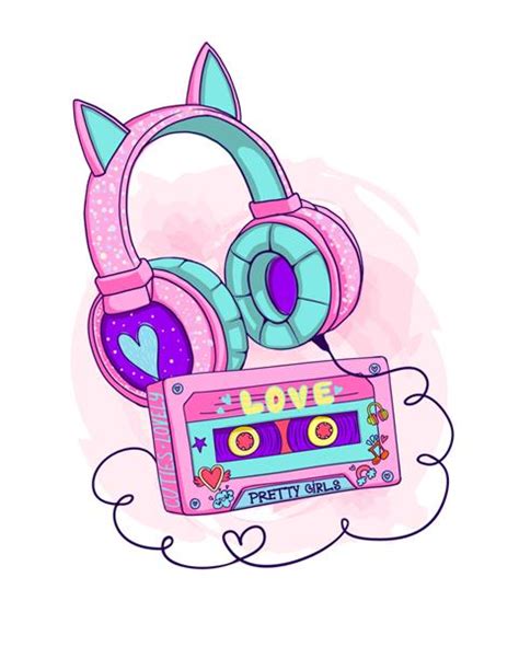 تصویر وکتور از هدفون و گوش گربه کاست صوتی صورتی قدیمی برای پخش کننده با متن عشق دختر شیرین قلب