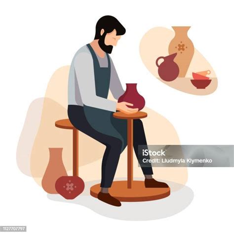 마스터 포터 점토 항아리를 만든다 벡터 일러스트 도자기 장인의 작품 도자기 워크숍 포스터입니다 워크샵에서 도자기 휠에 세라믹 냄비를 만드는 해피 포터 도자기에 대한 스톡