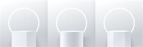 현대 웹 사이트에 제품에 대한 추상 큐브 라운드 및 육각 형 디스플레이세트 연단과 최소한의 텍스처 벽 장면 3d 렌더링 기하학적 모양 흰색 회색 으로 배경 렌더링 받침대에