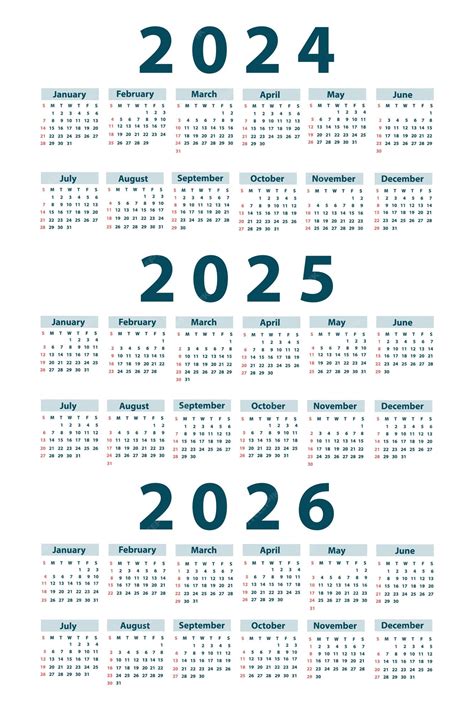 일요일부터 시작되는 2024 2025 2026 달력 세트 ⁇ 터 일러스트레이션 프리미엄 벡터