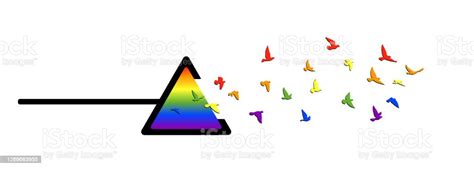 흰색 배경에 스펙트럼 색상 프리즘 삼각형 비행 조류 실루엣 벡터 그림입니다 고립 된 새 비행 문신과 벽지 배경 디자인 다중