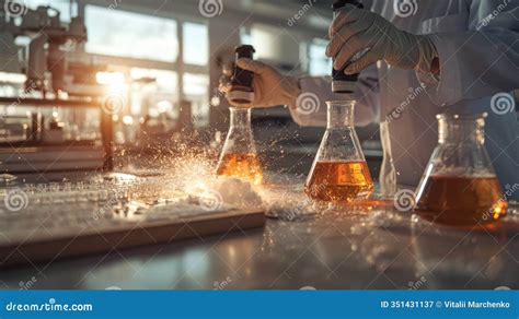 Scientist Conducting Experiment With Chemicals Causing Spark Reaction In Laboratory Stock