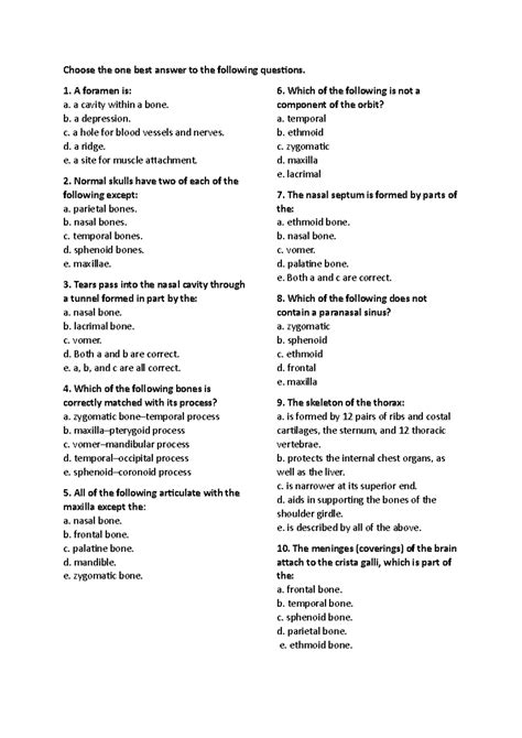 Axial Skeleton Quiz Choose The One Best Answer To The Following Questions A Foramen Is A A