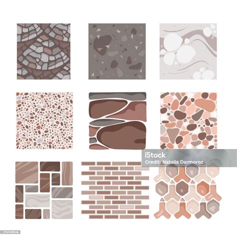 만화는 다양한 모양의 돌과 바위 자연 포장 재료의 바닥용 타일 기하학적 패턴으로 포장된 보도 컬렉션을 격리했습니다 포장 텍스처