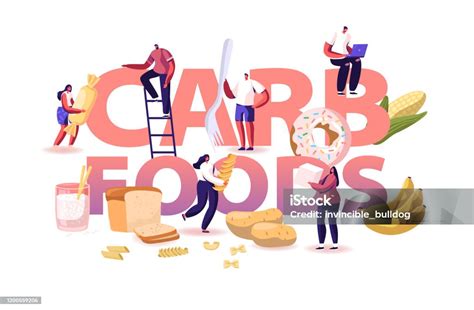 탄수화물 식품 개념 스낵과 정크와 함께 체중을 늘리는 맛있고 맛있는 식단 건강 하고 건강에 해로운 탄수화물 생산 선택 포스터 배너 전단지 브로셔 만화 플랫 벡터 일러스트