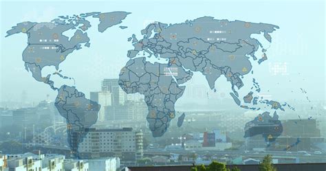 World Map Overlaying Cityscape Displaying Various Data Points Stock Illustration Illustration