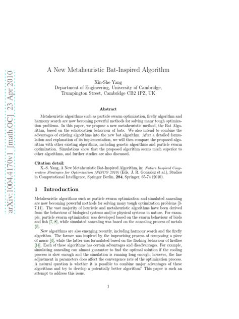 A New Met A Heuristic Bat Inspired Algorithm Download Free Pdf Metaheuristic Genetic Algorithm