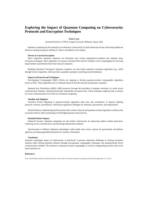 Pdf Exploring The Impact Of Quantum Computing On Cybersecurity Protocols And Encryption Techniques