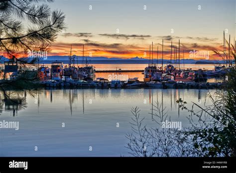 Sunset At Yacht Harbor Of Lund Sunshine Coast Vancouver Island Behind British Columbia