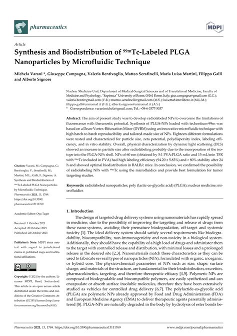 Pdf Synthesis And Biodistribution Of 99mtc Labeled Plga Nanoparticles By Microfluidic Technique