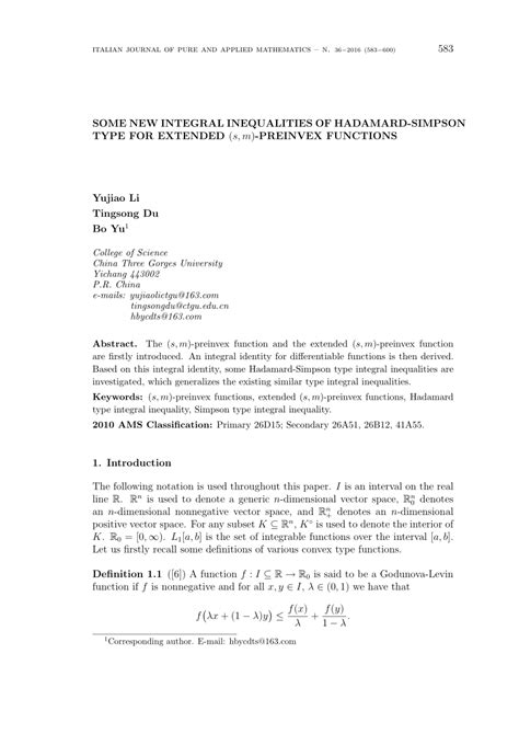 Pdf Some New Integral Inequalities Of Hadamard Simpson Type For Extended Sm Preinvex Functions