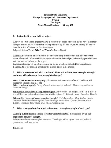 Test Paper Syntax 1 Pdf Subject Grammar Clause