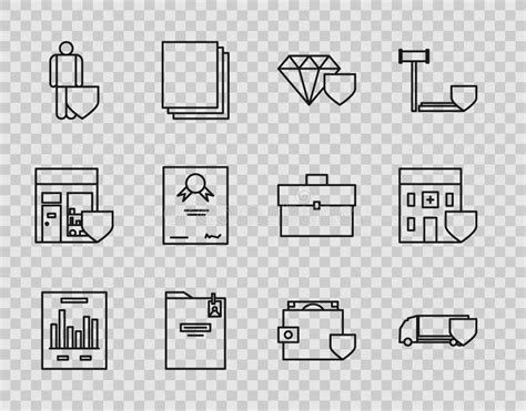 Set Line Document With Graph Chart Delivery Cargo Truck Shield Diamond Personal Folder Life