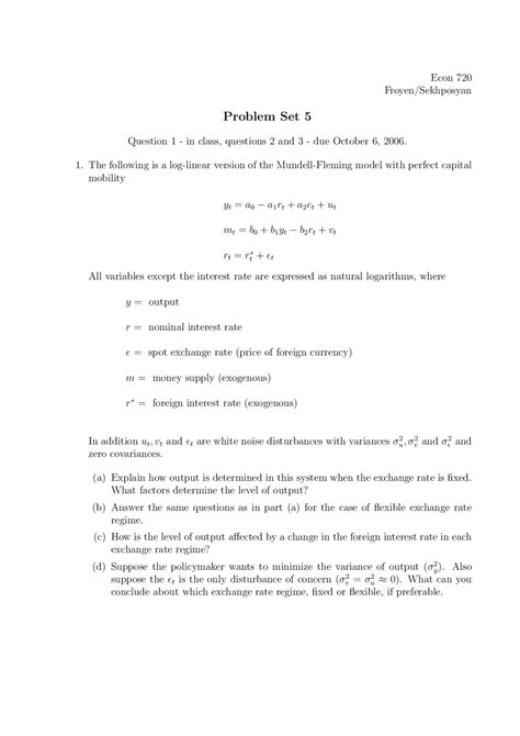 Problem Set 5 For Advanced Macroeconomic Theory Econ 720 Docsity