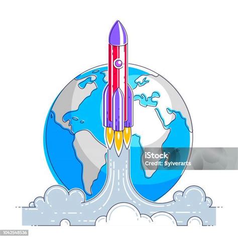 백그라운드에서 지구와 알려지지 않은 공간으로 로켓 발사 우주 숨막히는 공간 과학을 탐구 한다 얇은 선 3d 벡터 그림은 흰색 절연입니다 Launch Party에 대한 스톡