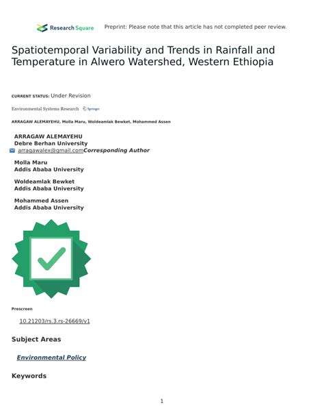 Pdf Spatiotemporal Variability And Trends In Rainfall And Temperature In Alwero Watershed