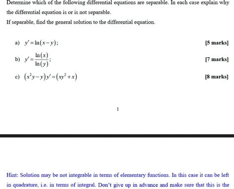 Get Answer Determine Which Of The Following Differential Equations Are Separable In Each Case