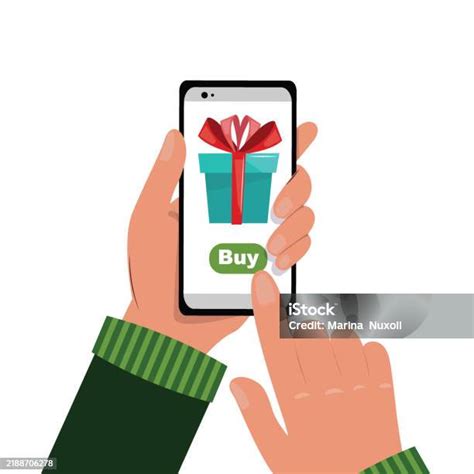 축제 컨셉 일러스트 레이 션 선물 및 구매 버튼과 함께 휴대 전화를 들고 손 온라인 쇼핑을 상징 Brand Name Smart Phone에 대한 스톡 벡터 아트 및 기타