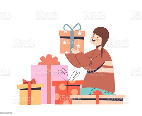선물의 더미와 행복한 작은 소녀 즐거운 작은 생일 아이 들고 종이에 싸여 선물 상자를 개최 더미에 대한 스톡 벡터 아트 및 기타