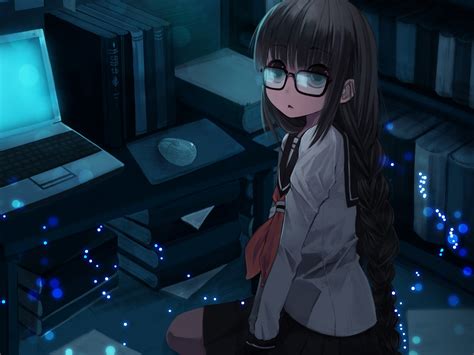 女の子のラップトップの部屋に座る アニメのhd壁紙プレビュー
