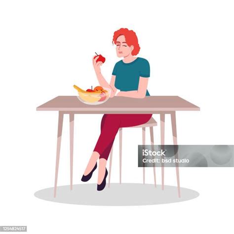 신선한 과일을 즐기는 소녀 세미 플랫 Rgb 색상 벡터 일러스트레이션 건강한 영양 천연 식품 소비 흰색 배경에 신선한 사과 고립 된 만화 캐릭터를 먹는 젊은 백인 여성 20