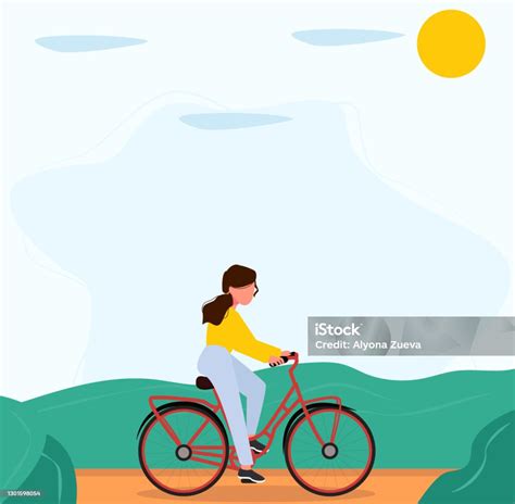한 소녀가 자전거를 타다 공원에서 자연에 소녀 야외 레크리에이션의 개념 귀여운 플랫 일러스트레이션 두발자전거에 대한 스톡 벡터 아트 및 기타 이미지 Istock