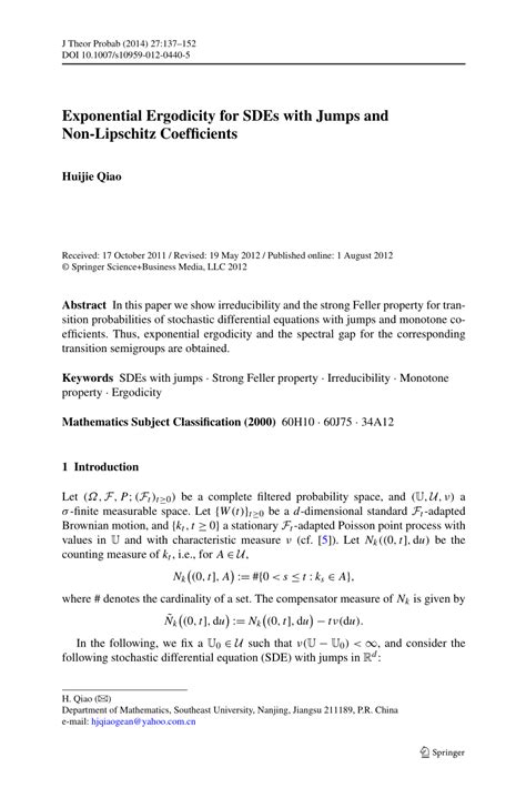 Pdf Exponential Ergodicity For Sdes With Jumps And Non Lipschitz Coefficients