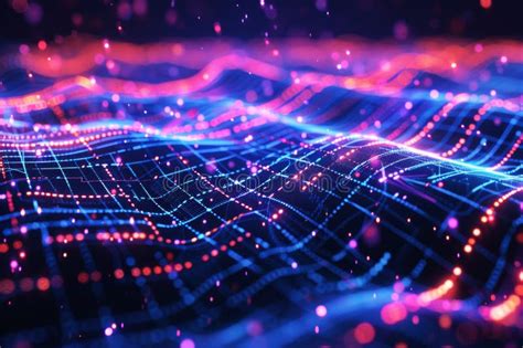 Neon Digital Multicolored Particles Grid Moving Dots In Cyberspace Light Waves For Hi Tech