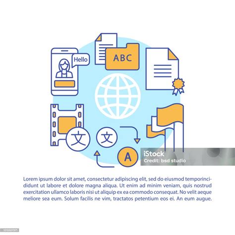 서면 및 음성 번역 기사 페이지 벡터 템플릿입니다 브로셔 잡지 선형 아이콘과 텍스트 상자소책자 디자인 요소 인쇄 디자인 텍스트 공간이 있는 개념 그림 개념에 대한 스톡 벡터