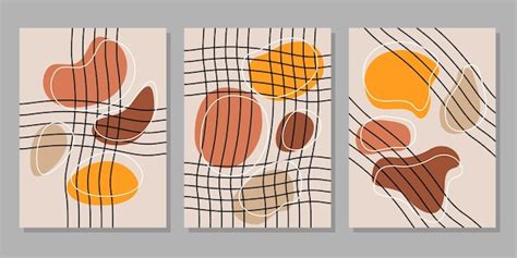 세 가지 추상적인 미학 중반 세기 현대적인 모양의 현대 Boho 포스터 템플릿 세트 프리미엄 벡터