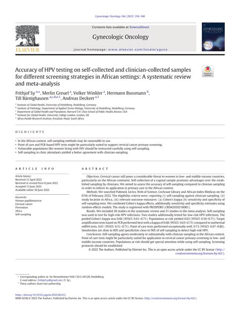 Pdf Accuracy Of Hpv Testing On Self Collected And Clinician Collected Samples For Different
