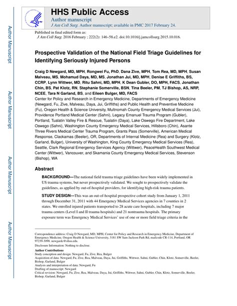 Pdf Prospective Validation Of The National Field Triage Guidelines For Identifying Seriously