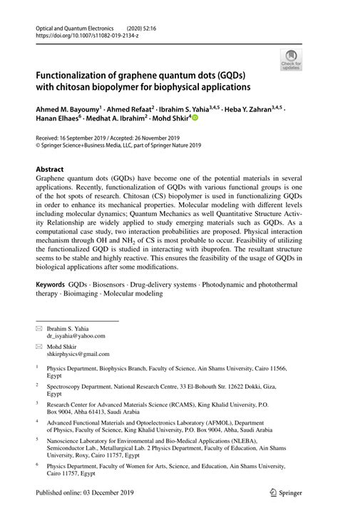 Pdf Functionalization Of Graphene Quantum Dots Gqds With Chitosan Biopolymer For Biophysical