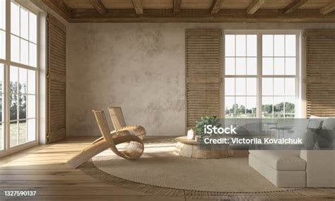 자연 목조 가구스칸디나비아 농가 스타일의 베이지 색 거실 인테리어 벽 배경을 모의 3d 렌더링 그림입니다 0명에 대한 스톡 사진 및 기타 이미지 Istock