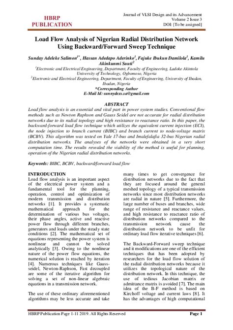 Pdf Load Flow Analysis Of Nigerian Radial Distribution Network Using Backwardforward Sweep