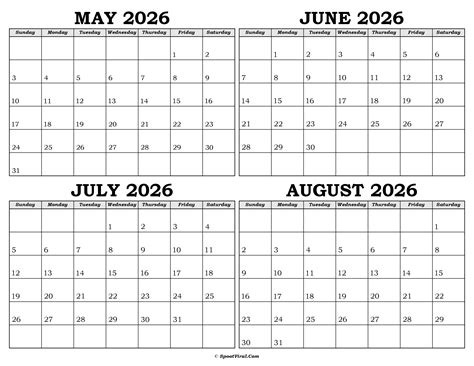 May To August 2026 Calendar Templates Spootviral