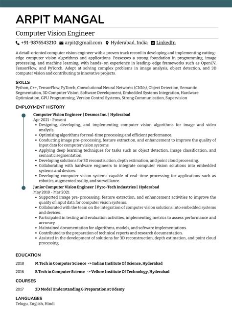 Sample Resume Of Computer Vision Engineer With Template And Writing Guide