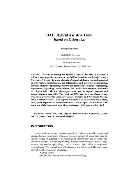 Pdf Hal Hybrid Assistive Limb Based On Cybernics