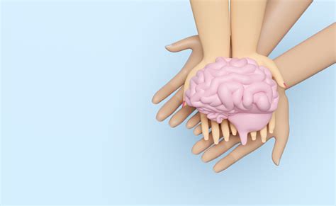 3d 만화 여자와 남자 손 들고 뇌 인간의 현실적인 파란색 배경에 고립 건강 검진 세계 뇌의 날 개념 3d 일러스트 렌더링 3차원 형태에 대한 스톡 사진 및 기타 이미지