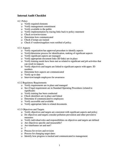 Internal Audit Checklist Printable Pdf Download