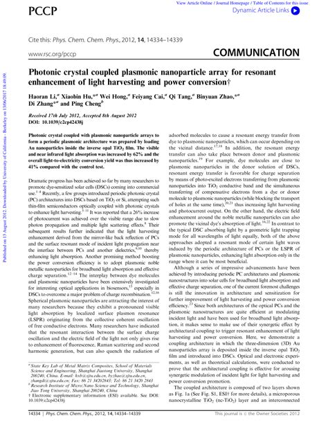 Pdf Photonic Crystal Coupled Plasmonic Nanoparticle Array For