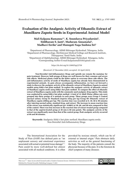 Pdf Evaluation Of The Analgesic Activity Of Ethanolic Extract Of Manilkara Zapota Seeds In