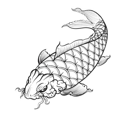 흰색 배경에 검정 문신 잉어 물고기 프리미엄 벡터