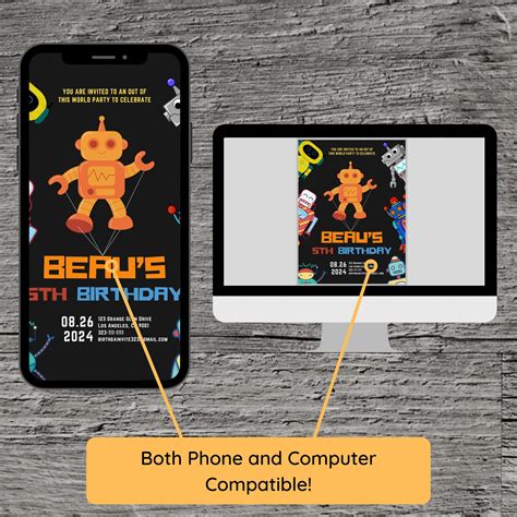Robots Theme Birthday Party Invitation Template Cyborg Android Machine Bot Golem Mech