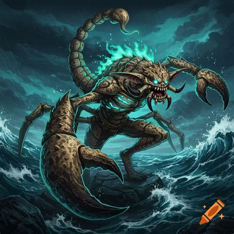 A Fearsome Sea Monster With Spikes And Glowing Eyes Rises From A Stormy