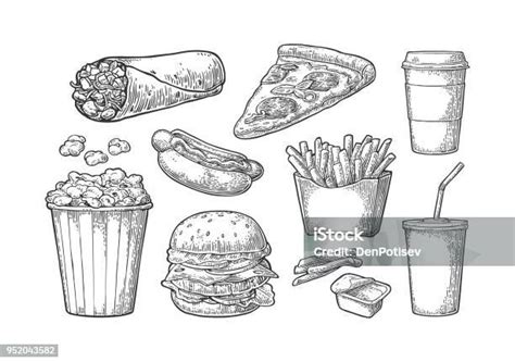 설정된 패스트 음식입니다 커피 햄버거 피자 핫도그 감자 튀김 팝콘 가득 찬에 대한 스톡 벡터 아트 및 기타 이미지 가득 찬 벡터 프렌치 프라이 Istock