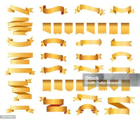 황금 리본 페넌트 플래그 세트 벡터 화려한 라벨 가격 태그 책갈피 배너 빈티지 리본 복고풍 스트랩 밴드 절연 벡터 세트 가격표에 대한 스톡 벡터 아트 및 기타 이미지